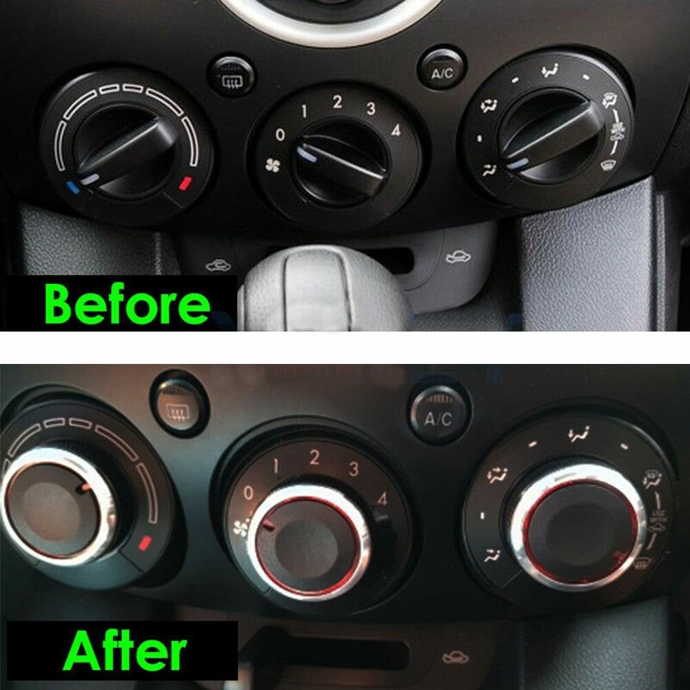 Накладки (кнопки) ручек кондиционера для Mazda 2 / Demio 2007- (DE), комплект 3 шт, черные с алюминиевым ободом
