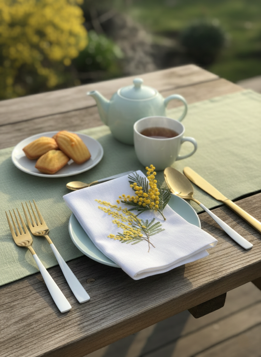 Сервировочные салфетки с вышивкой "Мимоза", лён 40х40 см