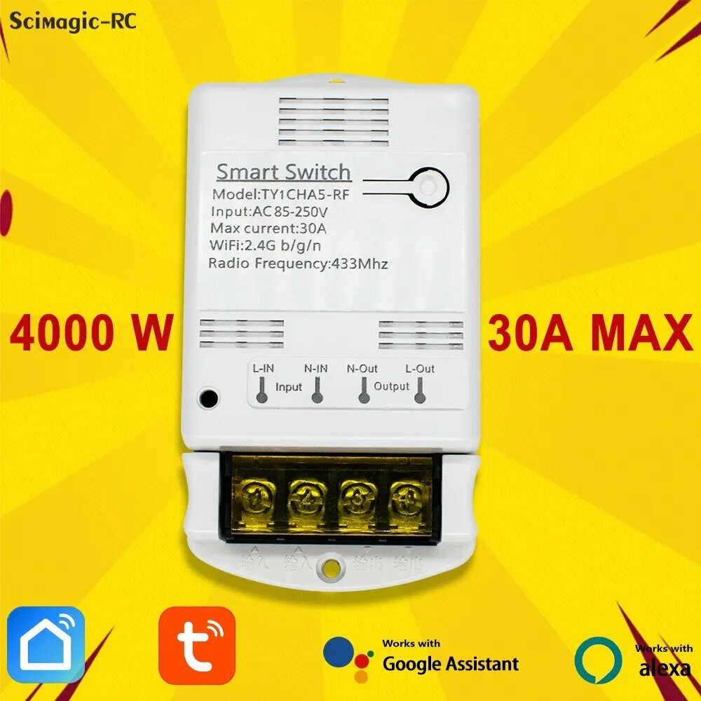 Умный релейный модуль Tuya (85-250V AC, 30A) с WiFi+RF433 и поддержкой Alexa/Google Home
