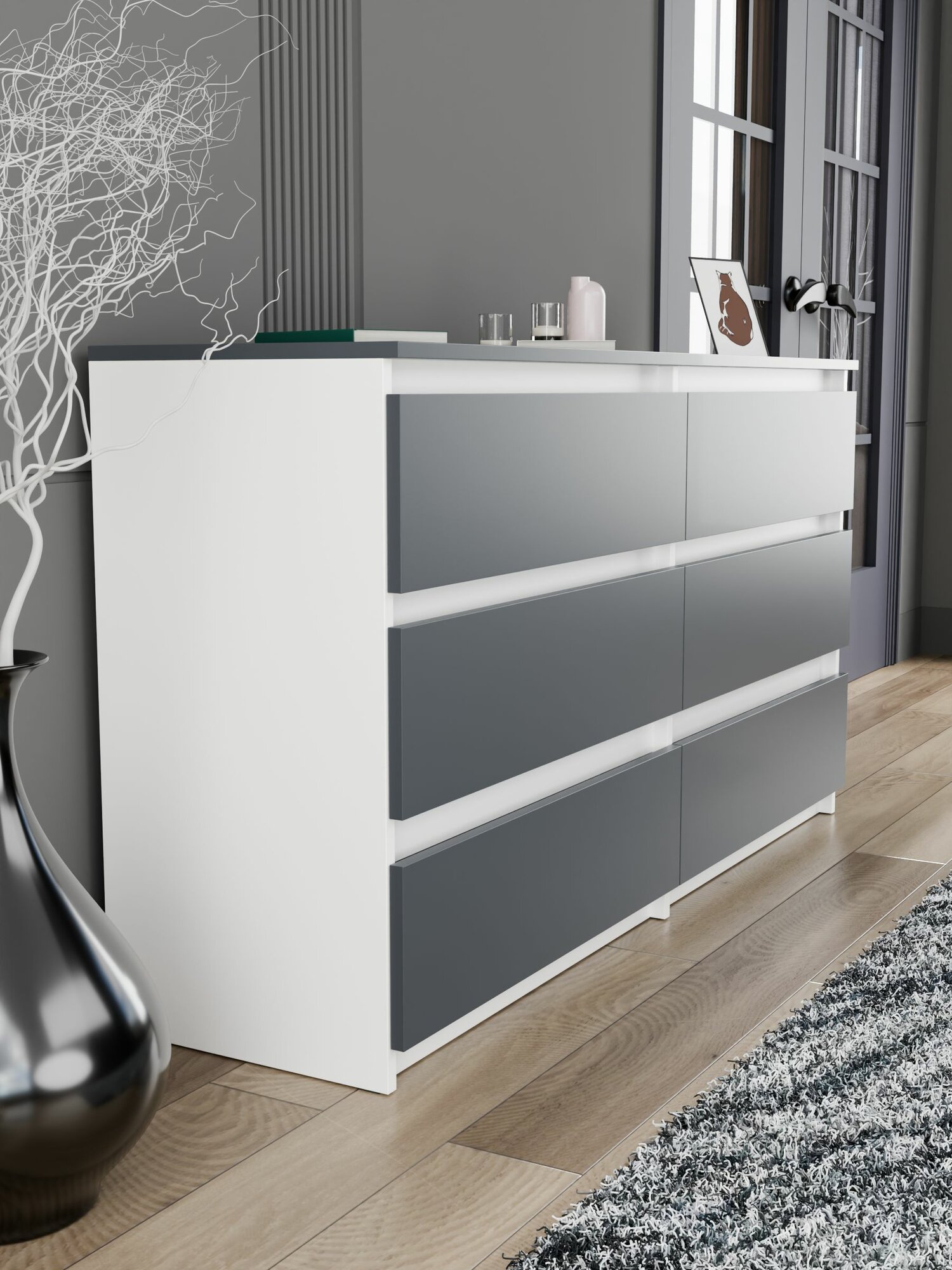 Комод для белья и одежды орлан 6 ящиков, 140х76.4х40 см, белый/графит