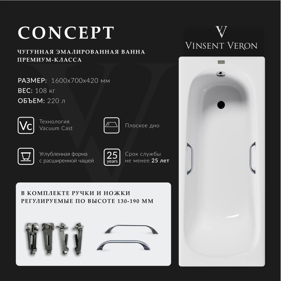 Ванна чугунная Vinsent Veron Concept VCO1607042H/VH0012CH 160x70 см, с ручками, белый