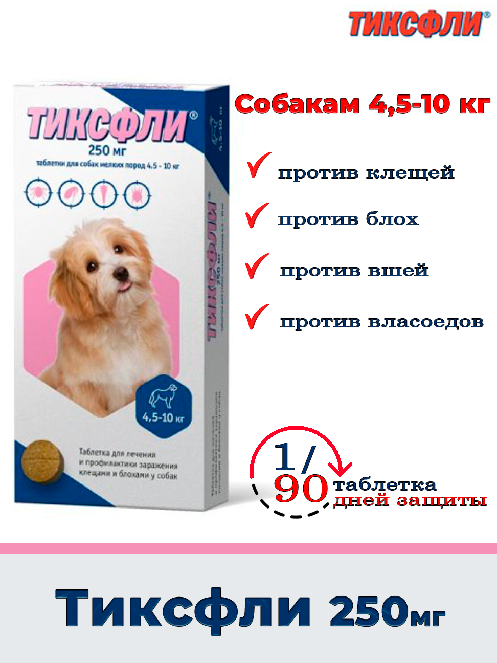 Тиксфли 250 мг, таблетки для собак очень мелких пород 4.5-10 кг, 1 таблетка