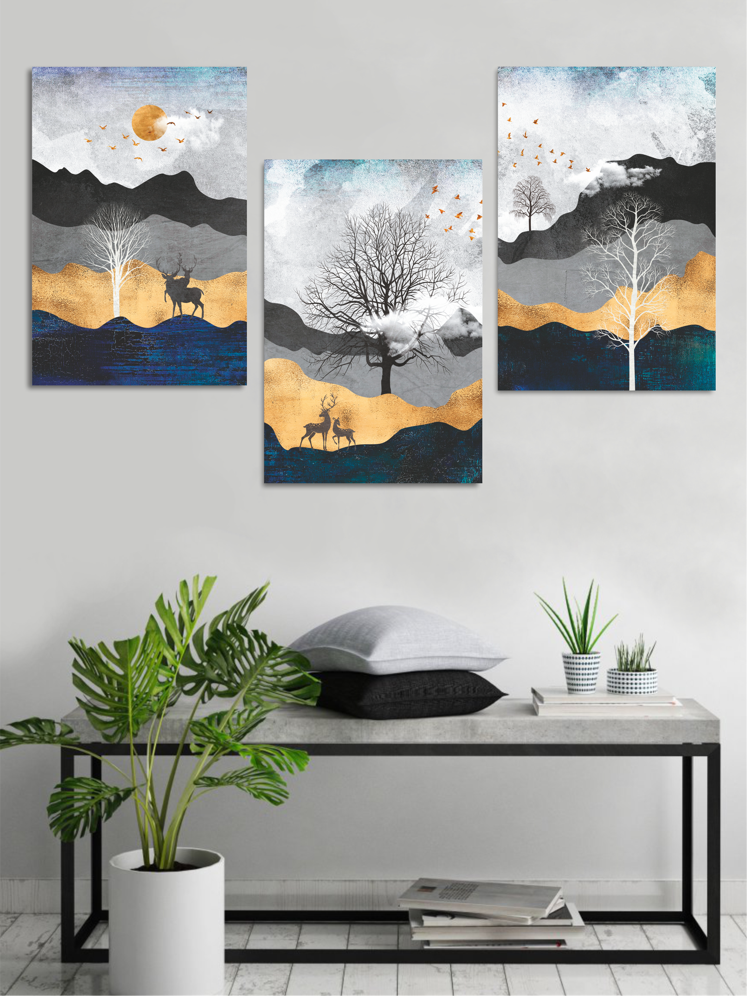 Модульная картина для интерьера на стену природа. Олени на фоне серого неба 50х75 см - 3 шт, на холсте на подрамнике