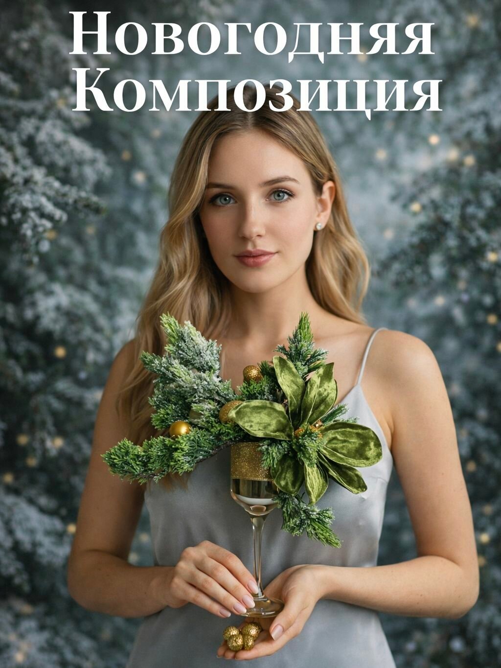 Новогодняя композиция в бокале, праздничный декор из искусственной хвои и елочных шаров, настольная Xmas украшение, подарок на Новый год и Рождество