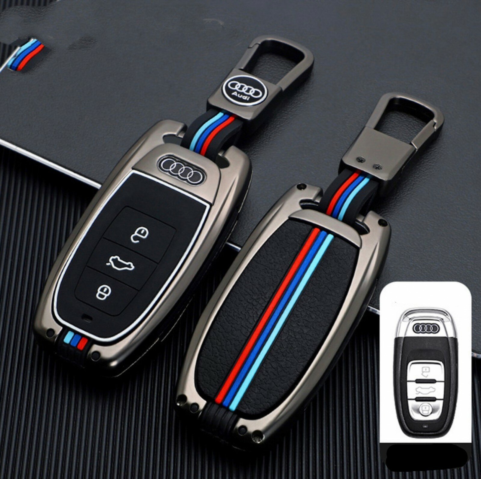 Чехол с брелком MyPads для смарт ключа Audi с вырезом под логотип из натуральной кожи и металла