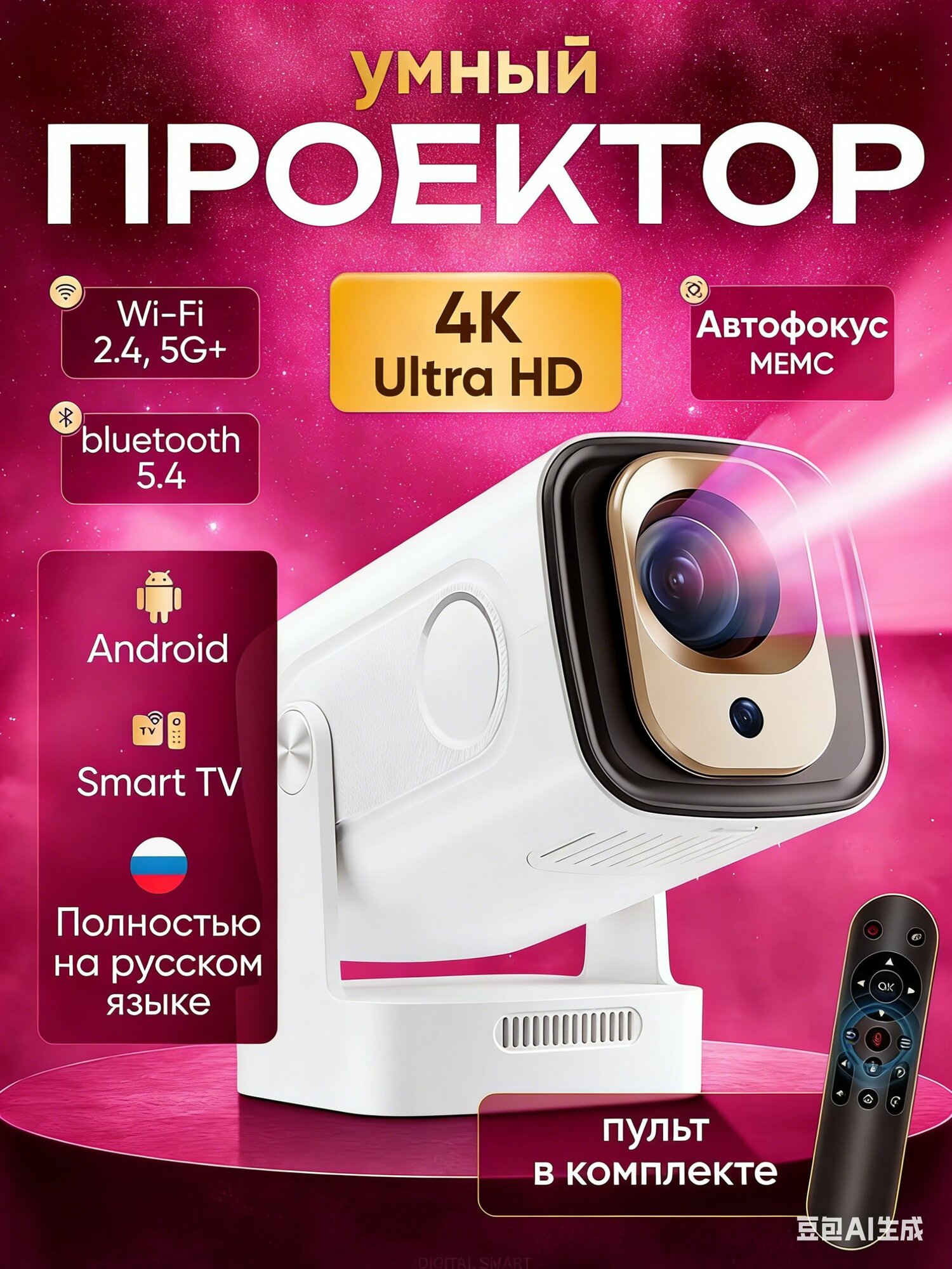 Проектор для фильмов со смарт тв, FULL HD 4К поддержка, встроенные динамики, трансляция с телефона, Bluetooth, Wi-Fi, Android, HDMI