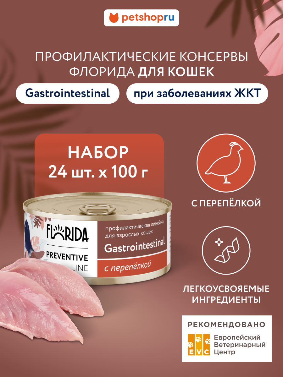 Florida Набор, Gastrointestinal, профилактический влажный корм для кошек для поддержания здоровья пищеварительной системы, перепёлка, 24 шт по 100 г