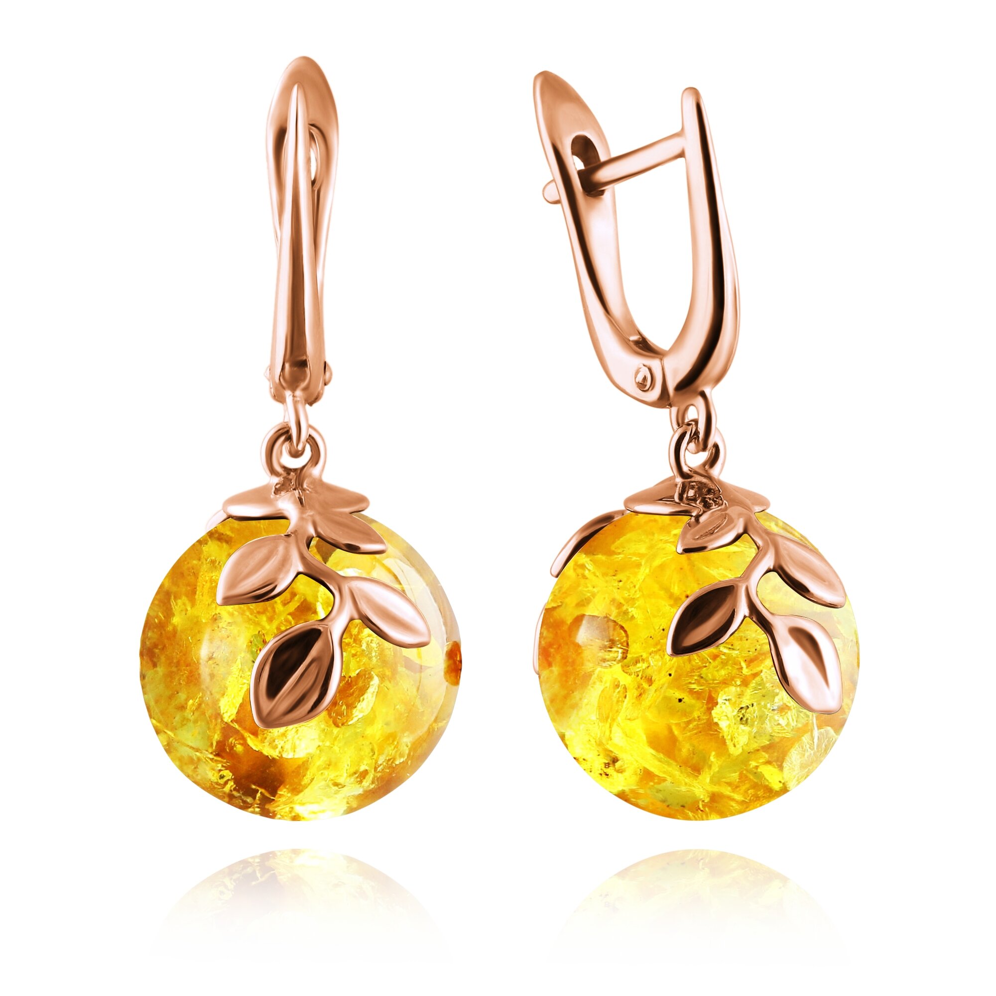 Серьги, серебро, 925 проба, золочение, янтарь