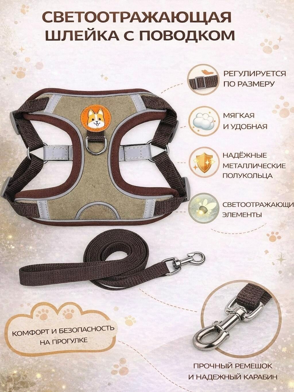 Поводок с шлейкой светоотражающий для собак и кошек