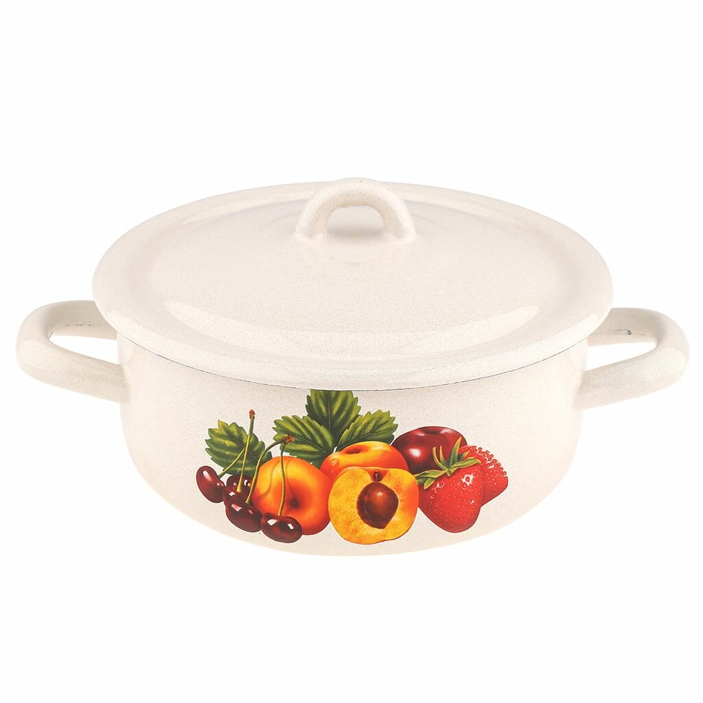 Кастрюля Лысьвенские эмали "Фруктовый сад", эмалированная, 1,45 л, форма цилиндрическая, металлическая крышка (С-16072/4ЖмЭК)