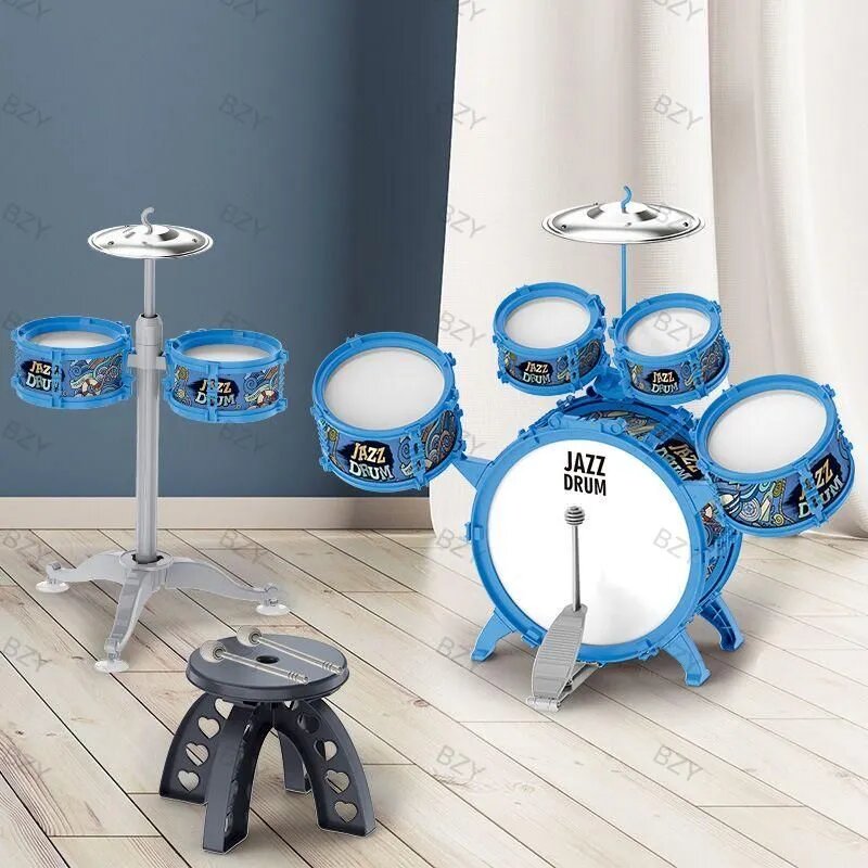 Детская барабанная установка Jazz Drum для мальчиков и девочек, синего цвета, со стойкой
