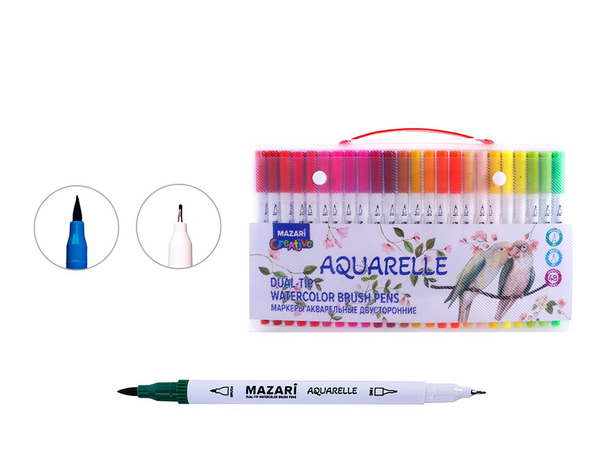 Маркеры акварельные 48цв двусторонние Aquarelle наконечники-кисть/файнлайнер MAZARI M-15213- 48