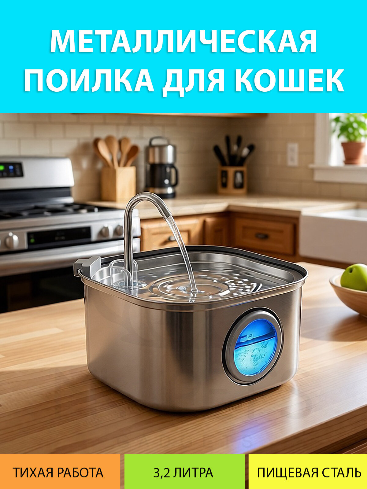 Автоматическая поилка из нержавеющей стали 3,2 литра для кошек, квадратной формы. Поилка фонтан металлическая для кошек (1 фильтр в комплекте) от MY PET`S GADGETS