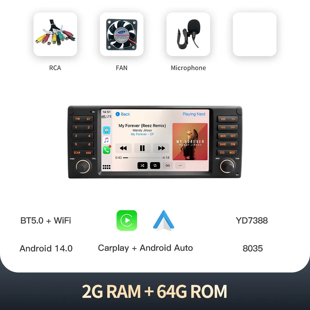 Автомагнитола Kingchange Android 14 8 дюймов для BMW 5 E39 1995-2003, E53 X5, M5, 2 Din, 3326 2 64