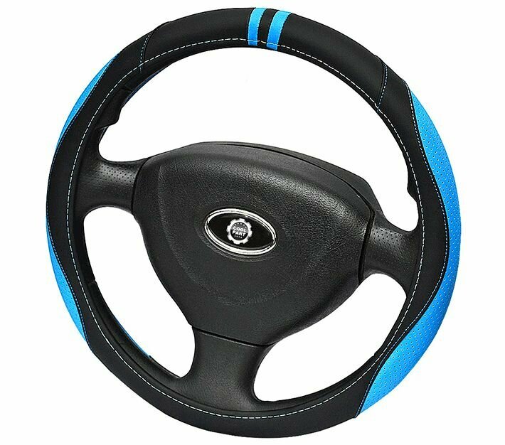 Оплетка на руль для автомобиля Шкода / Skoda Octavia, Rapid, Yeti, Kodiaq, Superb и др, в черном цвете с синими вставками, Экокожа