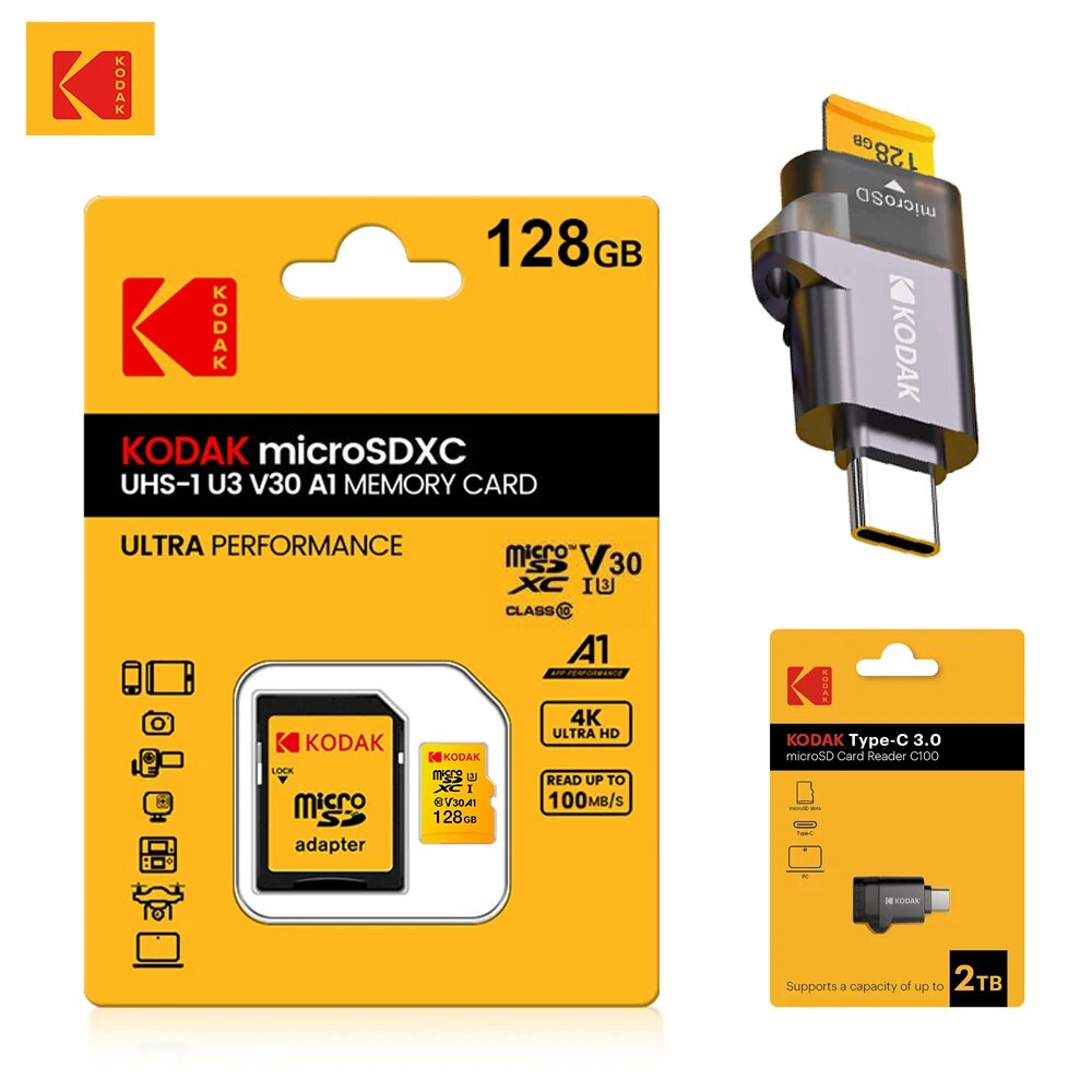 Kodak 128GB MicroSDXC UHS-I U3 V30 карта памяти