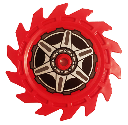 Technic Circular Saw Blade 9 x 9 with Pin Hole and Teeth in Same Direction with Wheel Spokes and Hub Pattern on Both Sides (Stickers) - Set 70642, 61403pb04 Red U