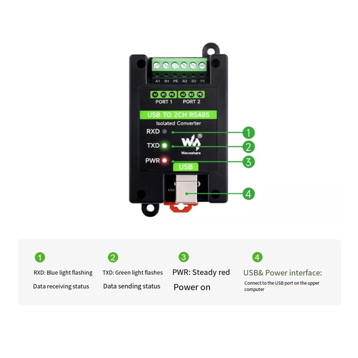 ABEP-Waveshare USB на 2-канальный изолированный преобразователь промышленного класса RS485 FT2232HL Поддержка настенной и DIN-рейки