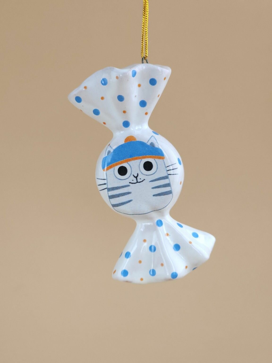 Ёлочная игрушка "Леденец "Котик". Ярославская майолика. Керамика ручной работы. Сделано в России.