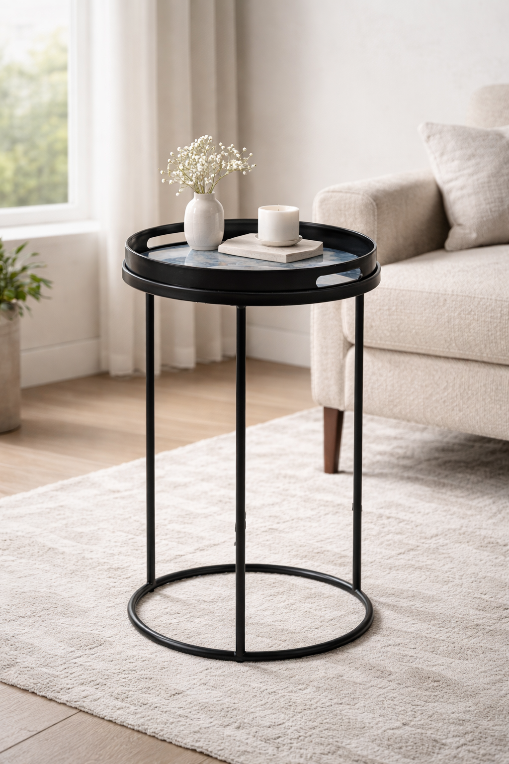 Столик интерьер Marble, металлический, черный, круглый, журнальный, 3 ножки
