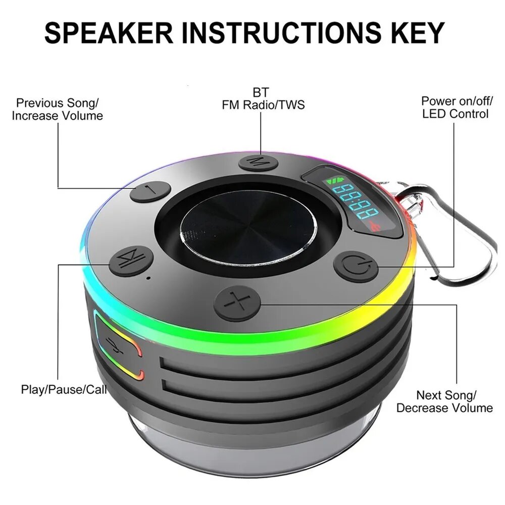 Bluetooth Speaker Waterproof Portable Wireless LED Shower Speaker USB Charging — фото 1