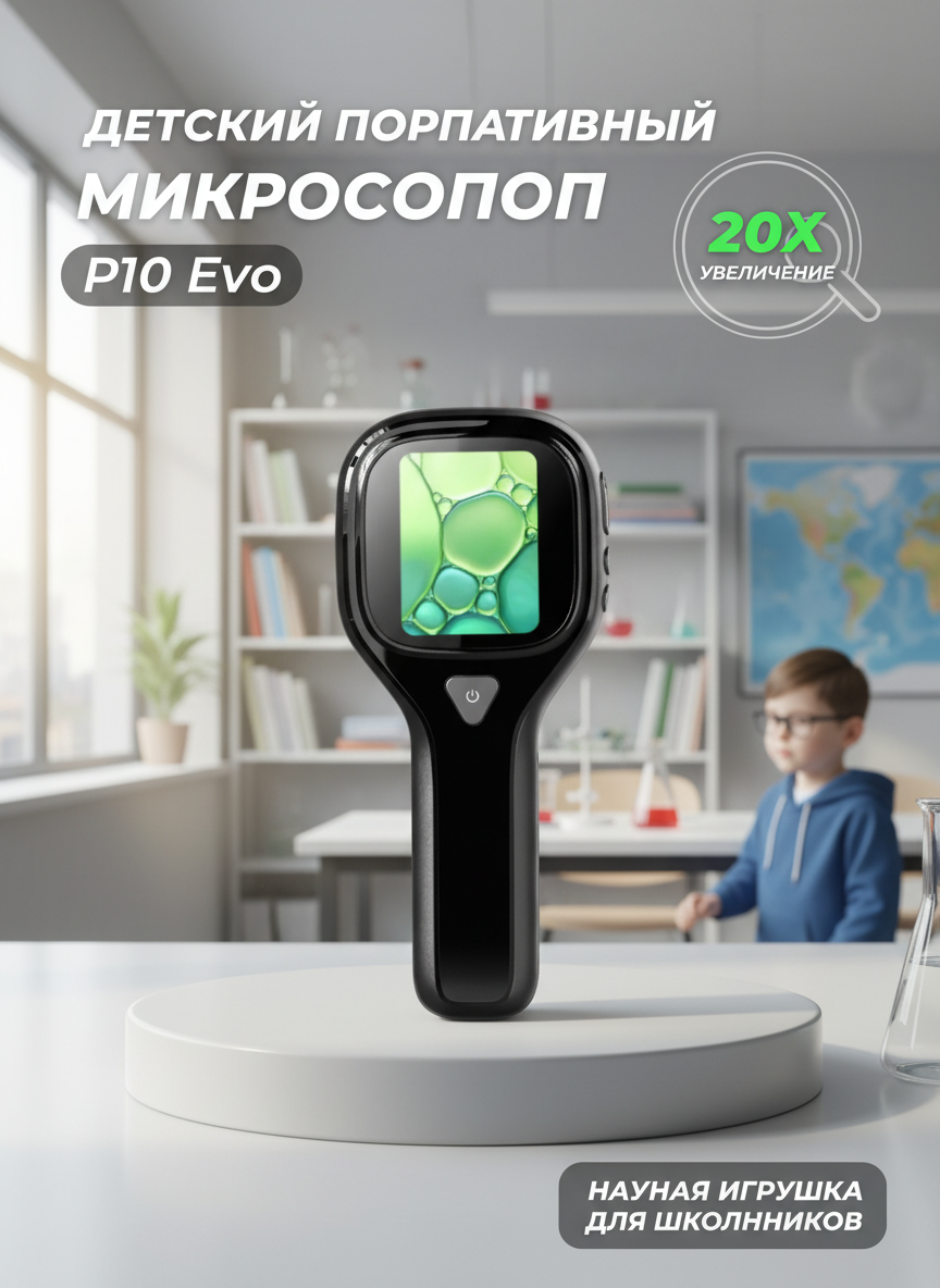 Детский портативный микроскоп P10 Evo: 20X увеличение, научная игрушка для школьников