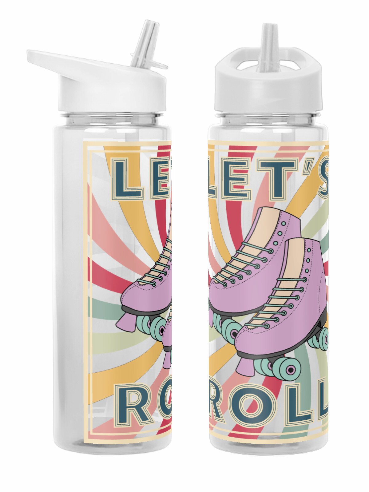 Бутылка белая для воды с принтом Ролики в стиле ретро Lets Roll!