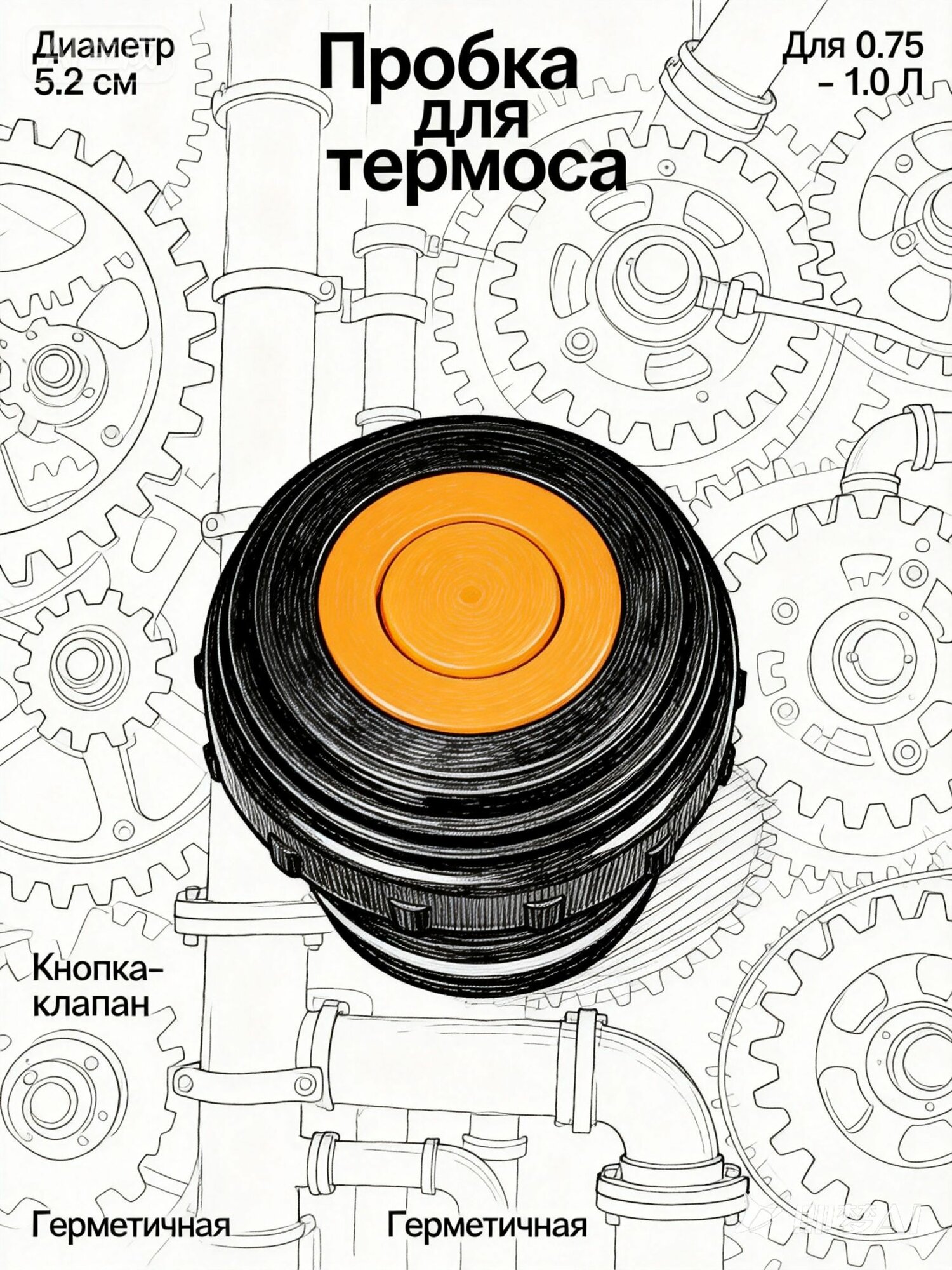 Пробка для термоса с кнопкой 5.2 см, крышка клапан для термосов 0.75 л и 1 л, запчасть сменная, герметичная