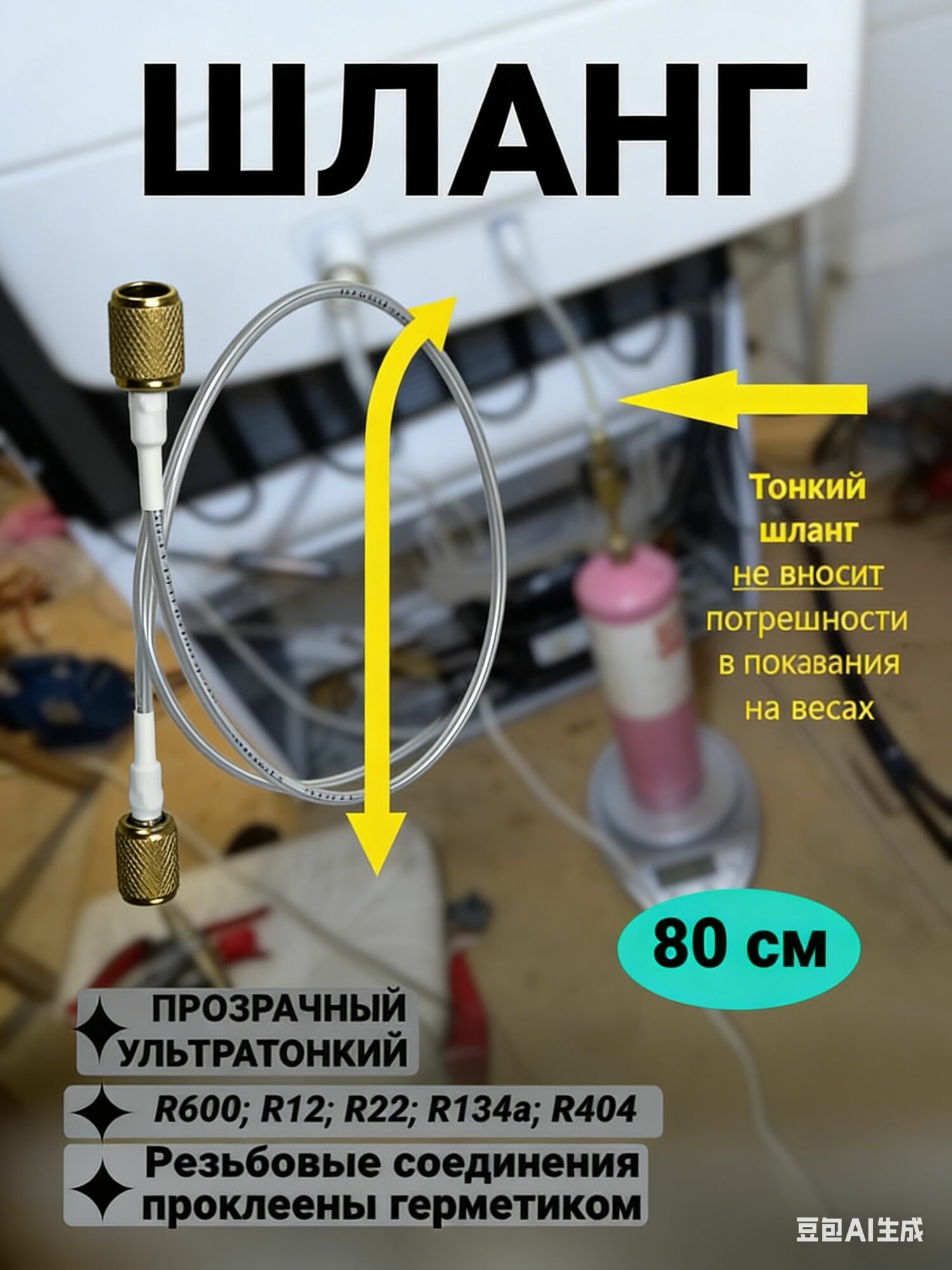 Шланг тонкий для точной заправки холодильников и кондиционеров фреоном; 80 см; 8 мм; для R600; R12; R22; R134а; R404; прозрачный; полиуретановый