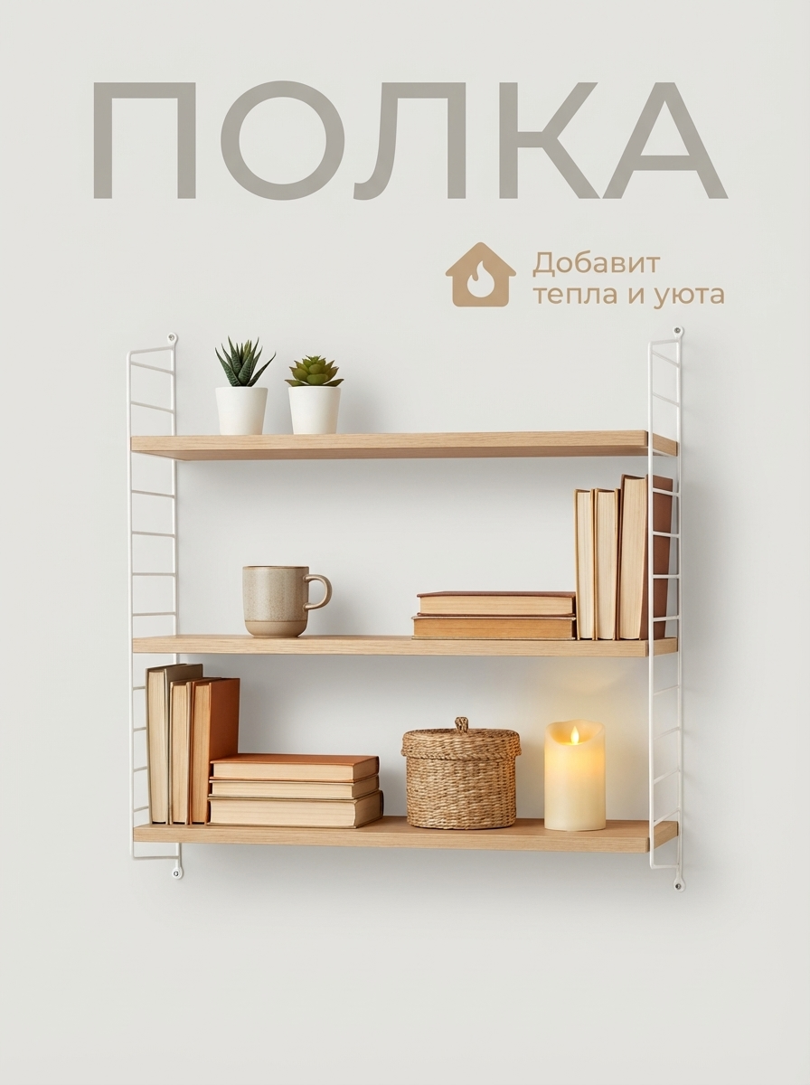 Полка настенная прямая для книг, цветов и декора 60х50х20 Scandi Systems дуб