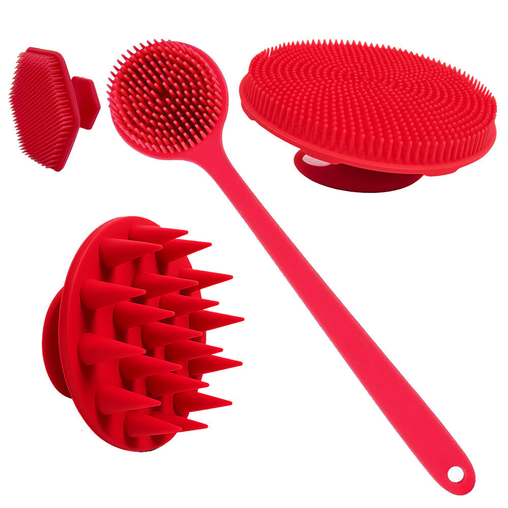 Набор из четырех предметов для умывания лица, мытья волос и тела: силиконовая щетка для ванны, очищающее средство для лица, щетка для тела и массажер с длинной ручкой.