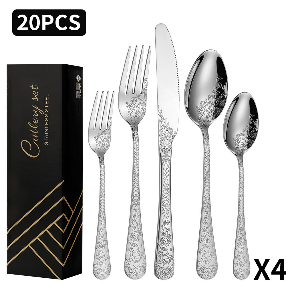 Новый набор столовых приборов Amazon из нержавеющей стали, 20 предметов, с винтажной гравировкой, нож, вилка и ложка в западном стиле, подарочный набор для международной доставки.
