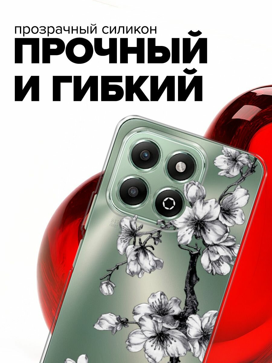 Силиконовый чехол на Honor X6b / Хонор X6b с принтом Ветка сакуры серая — фото 1