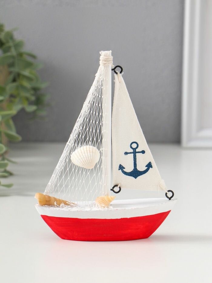 Сувенирная модель корабля Парусная лодка с якорем на парусе , дерево, бело-красный, 11 2.5 14 см