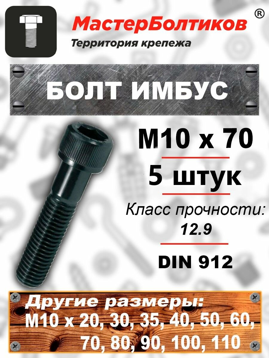 Болт имбус 10х 70 высокопрочный кл.12,9 DIN 912 "МастерБолтиков" (5 шт)