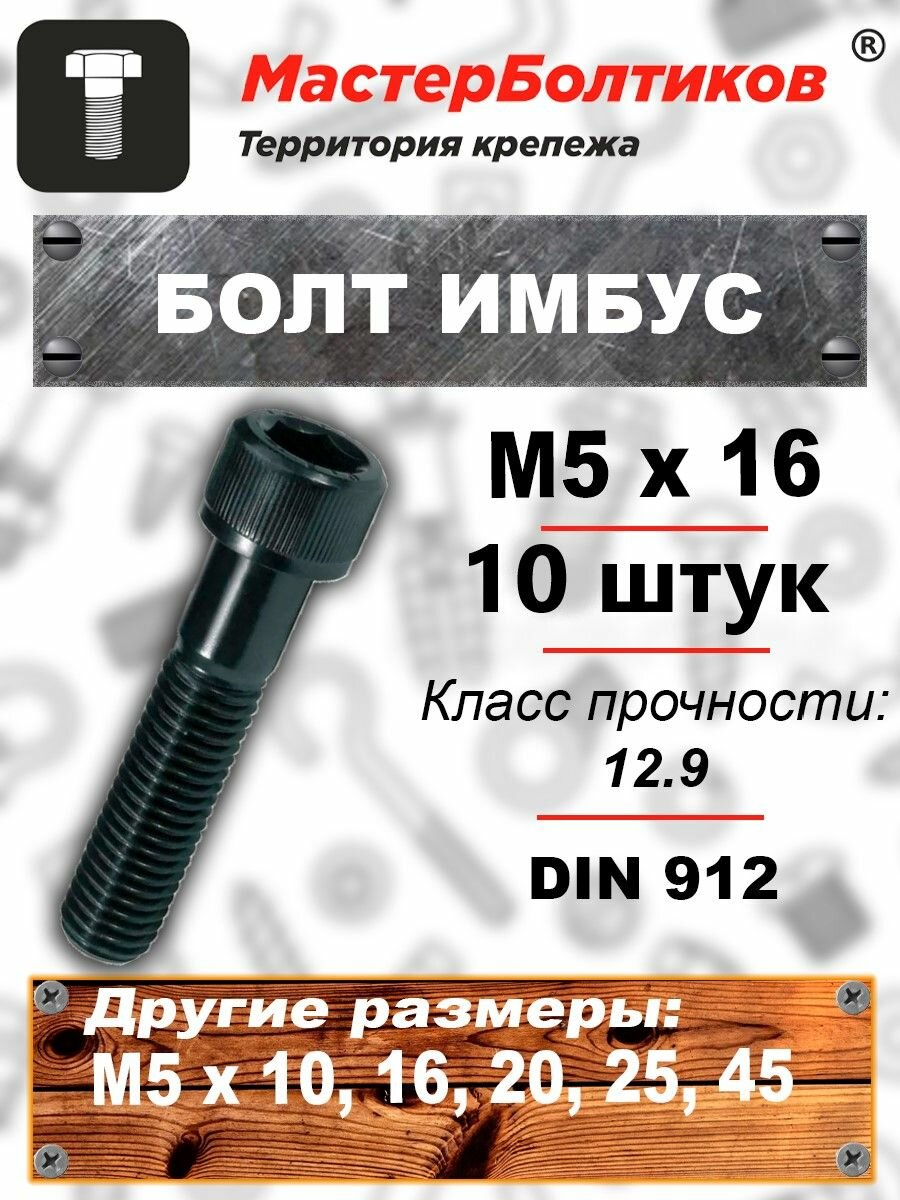 Болт имбус 5х16 высокопрочный кл.12,9 DIN 912 "МастерБолтиков" (10 шт)