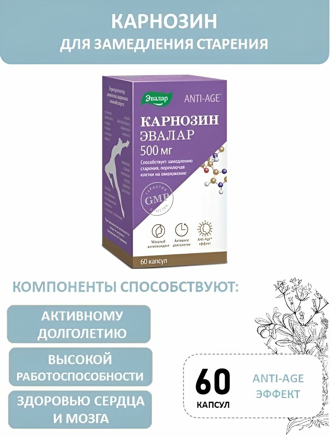 Биологически активная добавка к пище "Карнозин", капсулы с массой содержимого 0,58 г