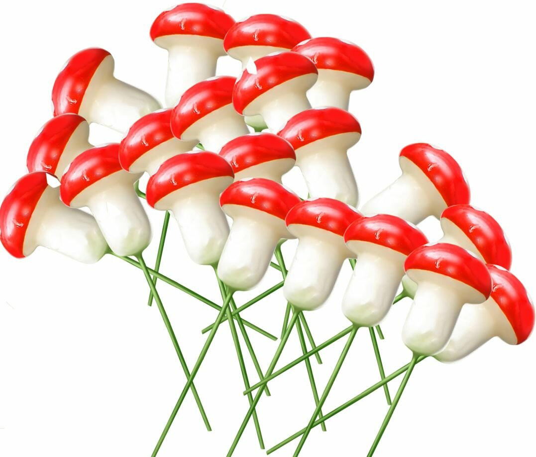 Топперы "Грибочек мухомор" для творчества, декор на палочке для поделок и флорариума, декоративные штекеры грибочки для кашпо и цветочных горшков, украшение для комнатных растений, набор 20 штук