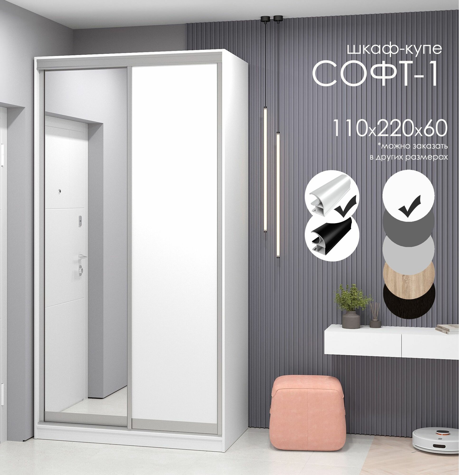 Шкаф-купе СОФТ-1, 110*220*60, белый гладкий, 1 зеркало, серебро матовое, платье/белье