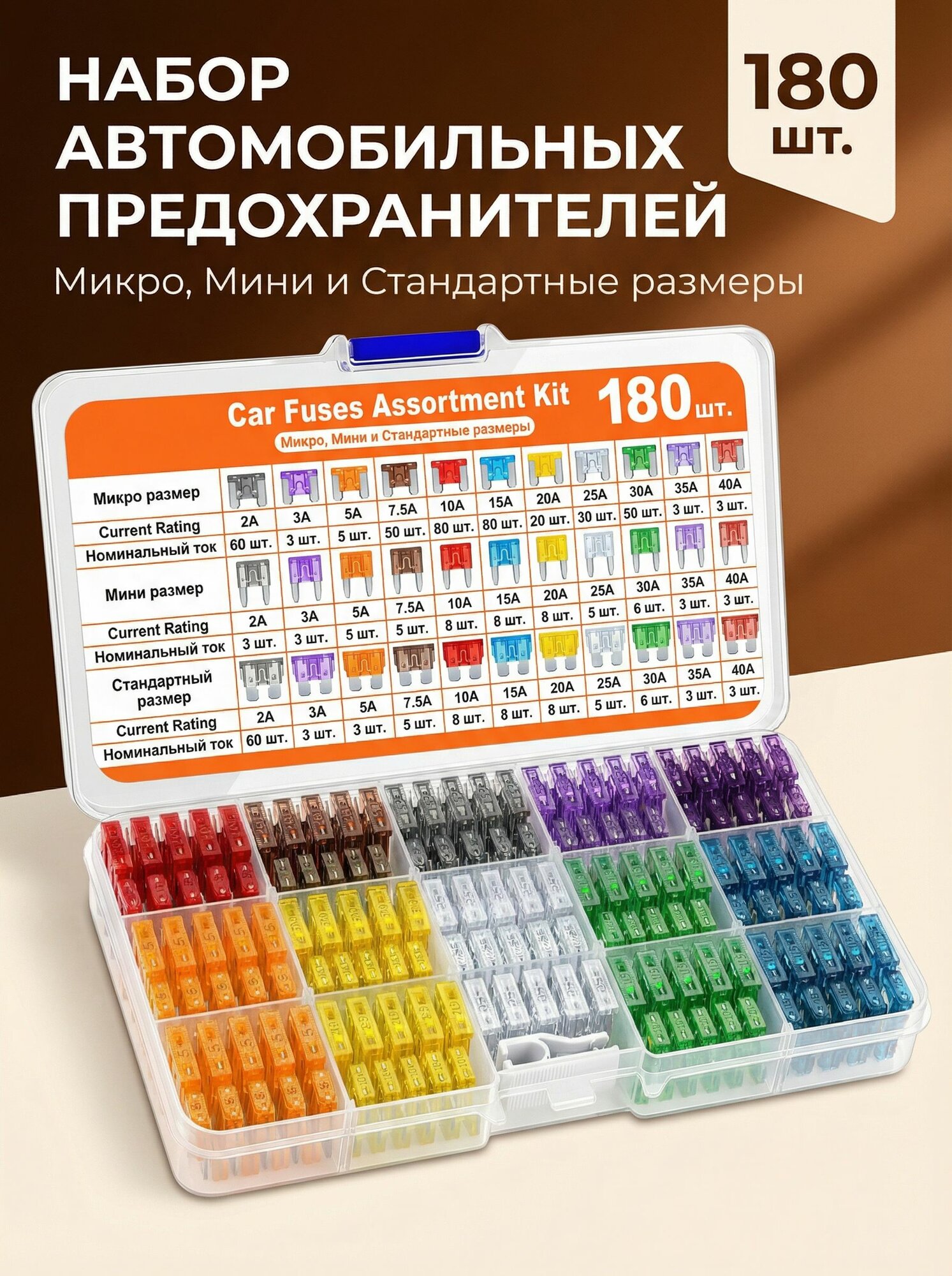 Набор автомобильных предохранителей 2A–40A, 180 шт. в коробке — малые, средние и мини размеры, комплект для авто
