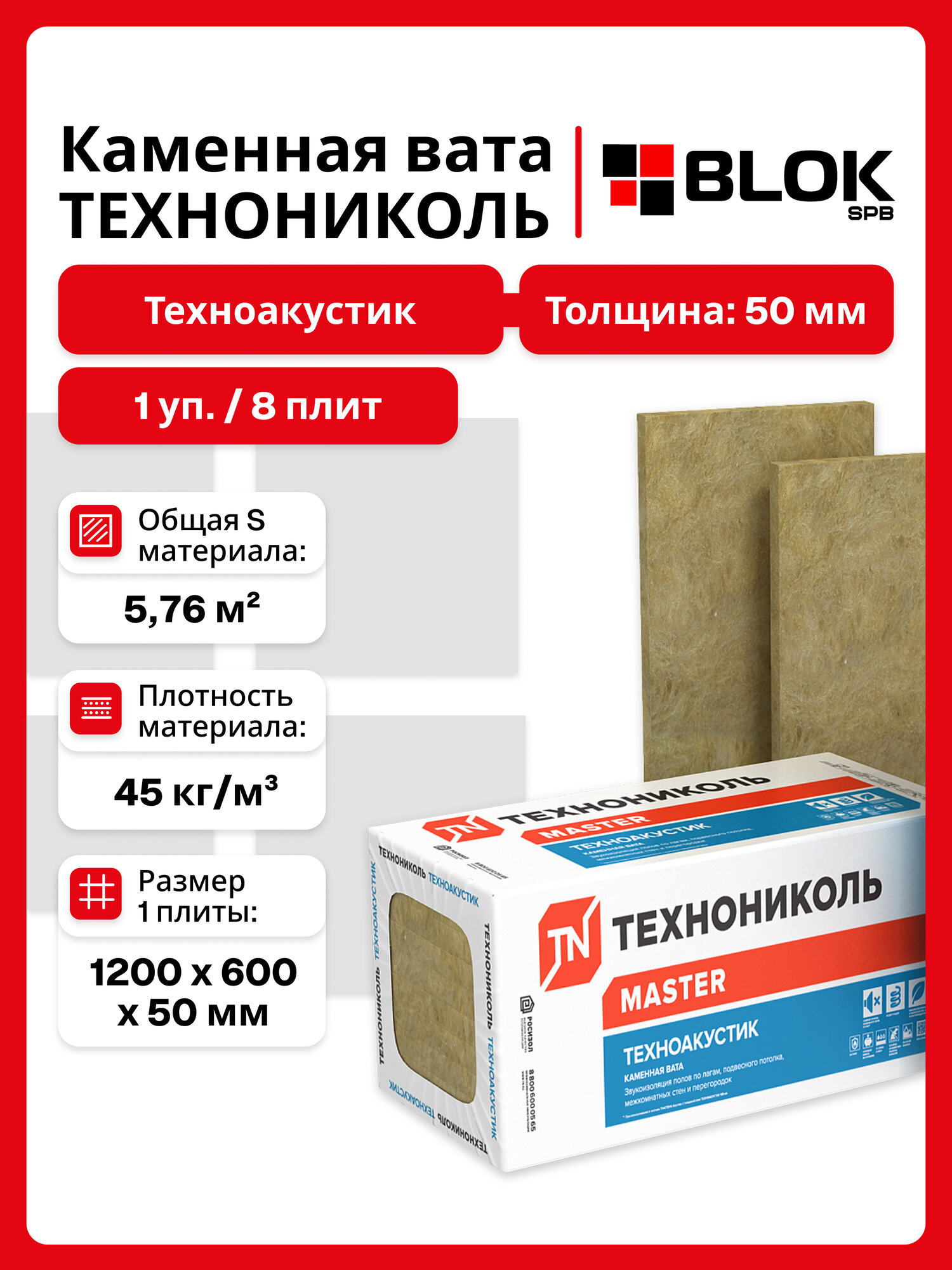 Технониколь Техноакустик 1200х600х50 мм (1 уп. / 5,76 м2 / 8 шт.) звукоизоляция для стен, пола, перекрытий, потолка