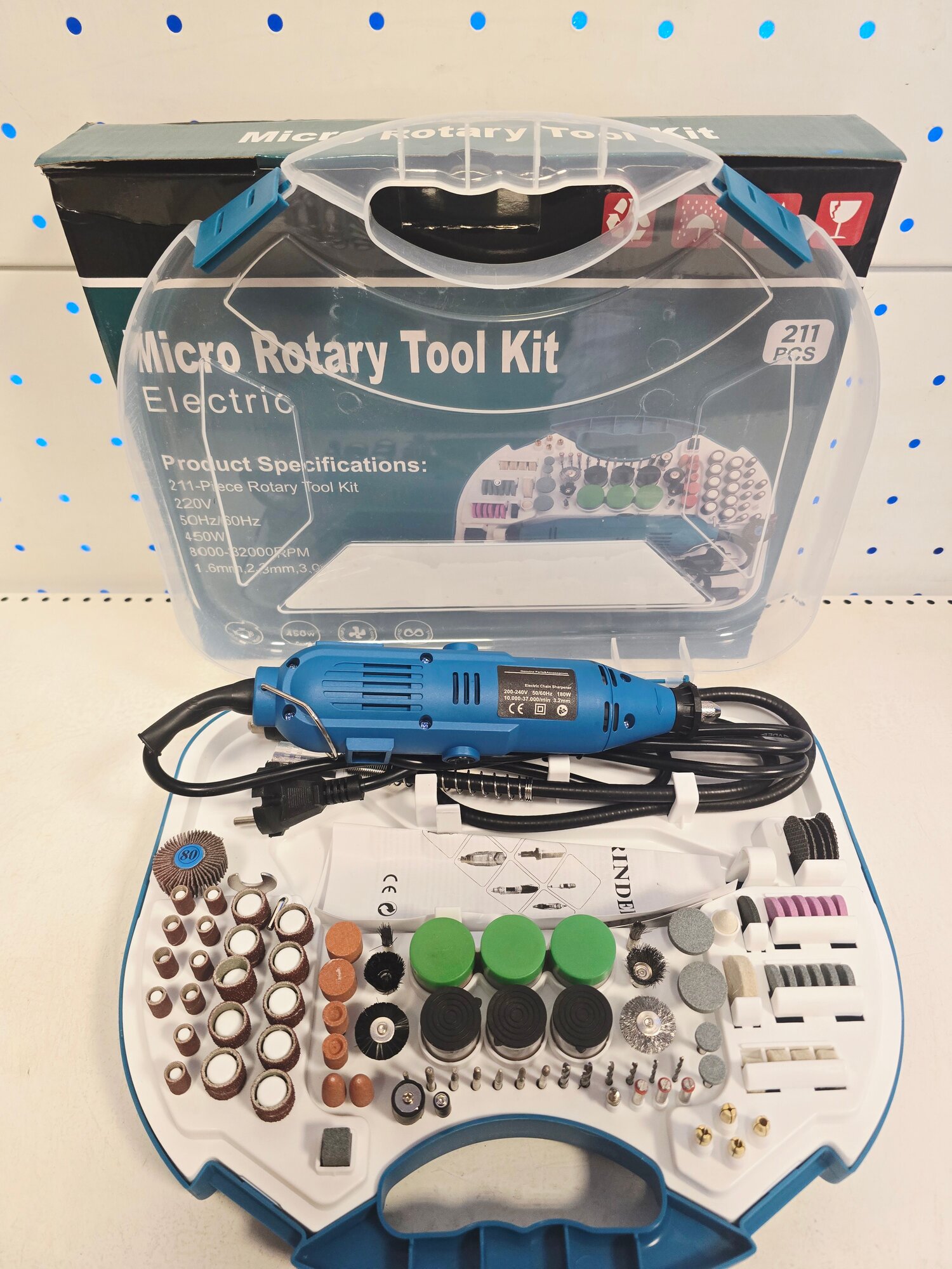 Гравер электрический Modengo в кейсе, 211 предметов, гибкий вал, 8000-32000 об/мин, цанга 1,6-3,2мм