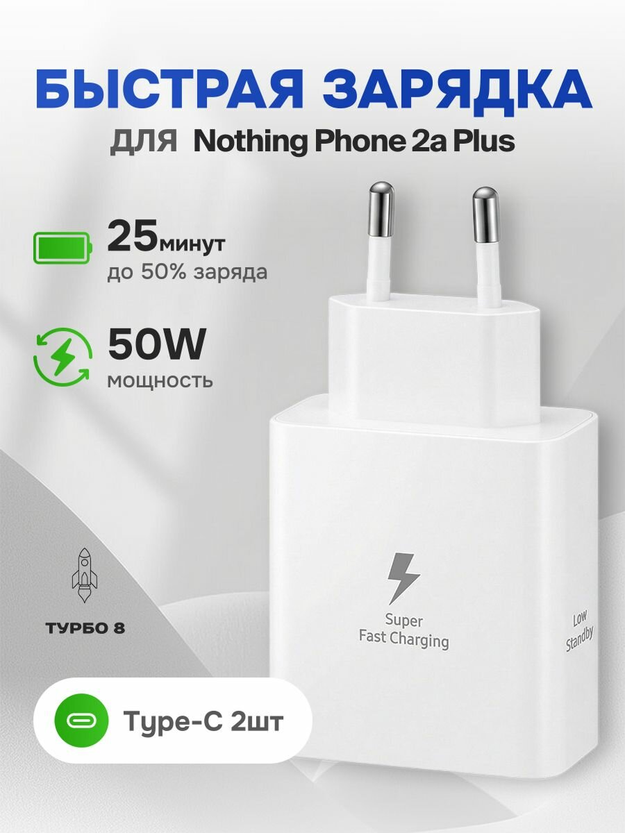 Зарядное устройство для телефона Nothing Phone 2a Plus (Нафинг Фон 2а Плюс) / Быстрая зарядка Type C / блок два порта 50W 25W