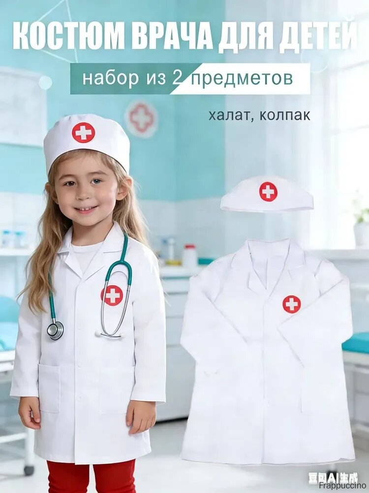 Детский карнавальный костюм врача набор из 2 предметов: халат, колпак.