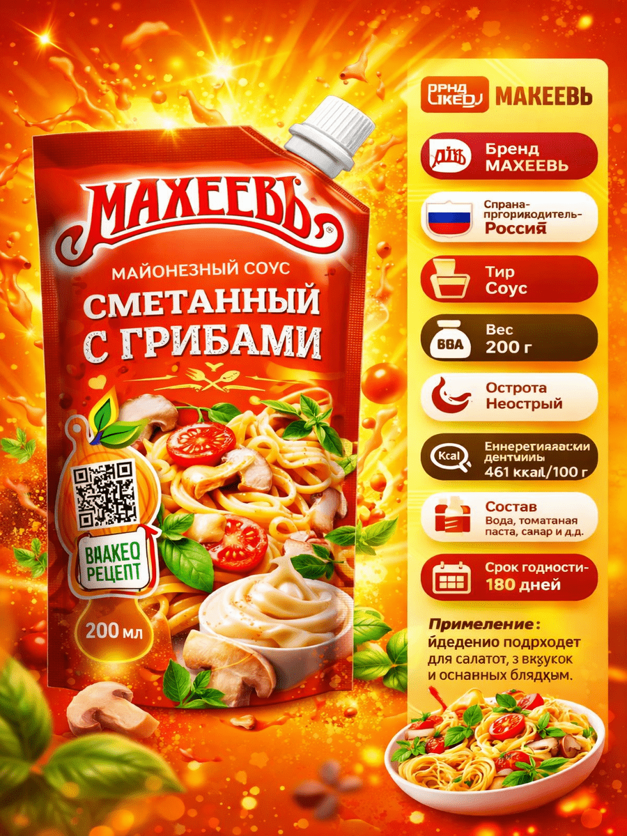 Соус майонезный махеевъ Сметанный с грибами 50,5%, 200мл x 2 упаковки