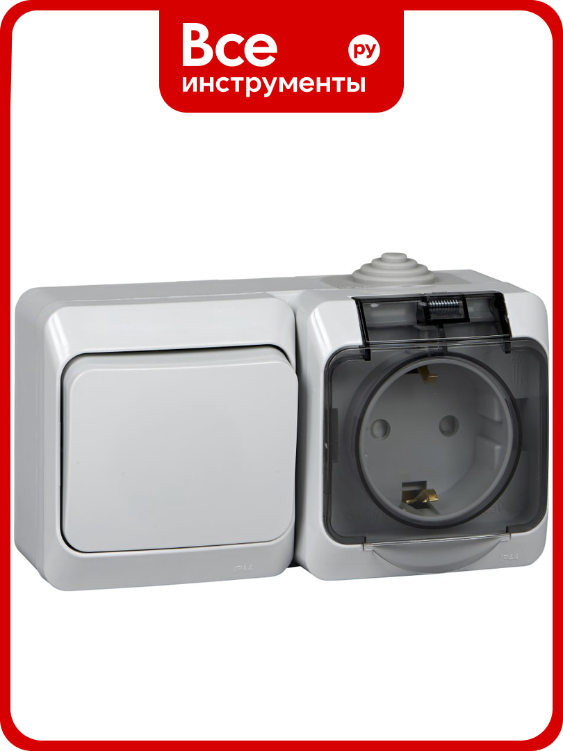 Блок Systeme Electric (Schneider Electric) Этюд, IP44, 1-кл выключатель+евророзетка, з/ш, серый BPA16-241C
