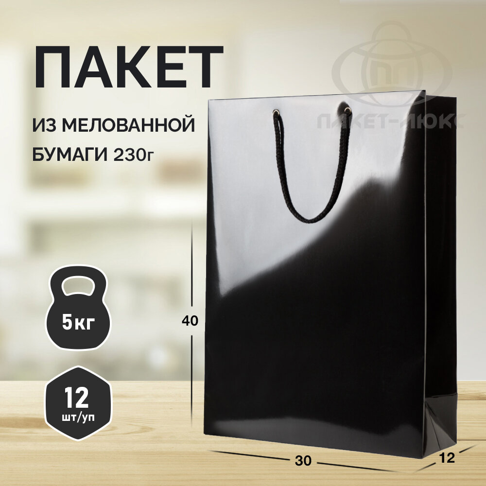12 бумажных подарочных пакетов 30*40*12 см, Черные ВИП, вертикальные, глянцевые