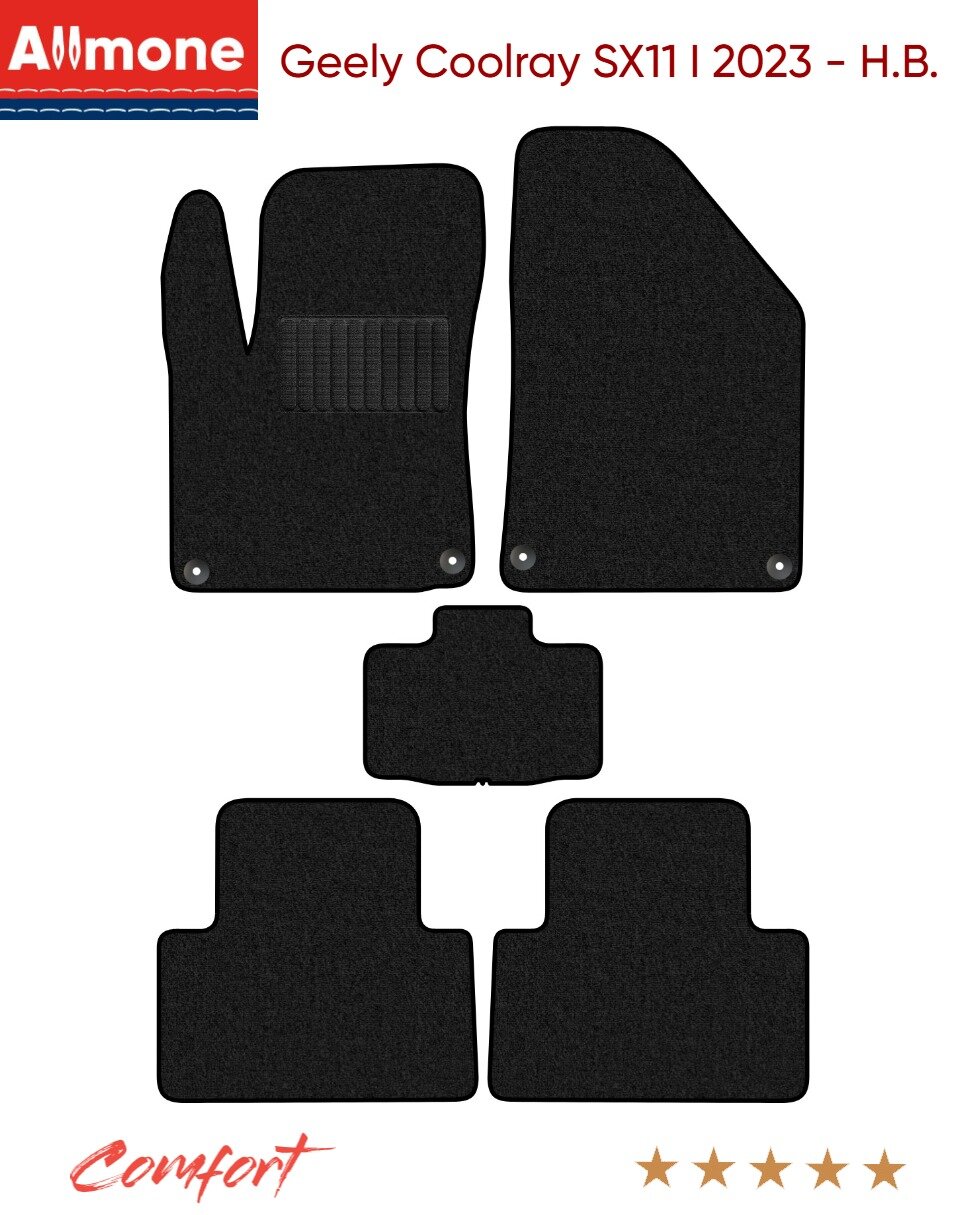 Ворсовые коврики для Geely Coolray SX11 2023 - настоящее время, черные, Allmone, "Комфорт" 5шт