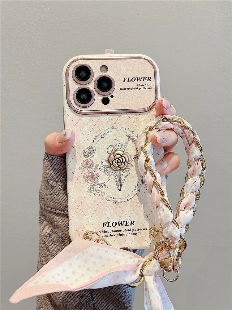 Чехол для iPhone 12 Pro Max с подвеской из 3D цветка камелии и белой шелковой цепочкой, розовый ромбовидный цветочный