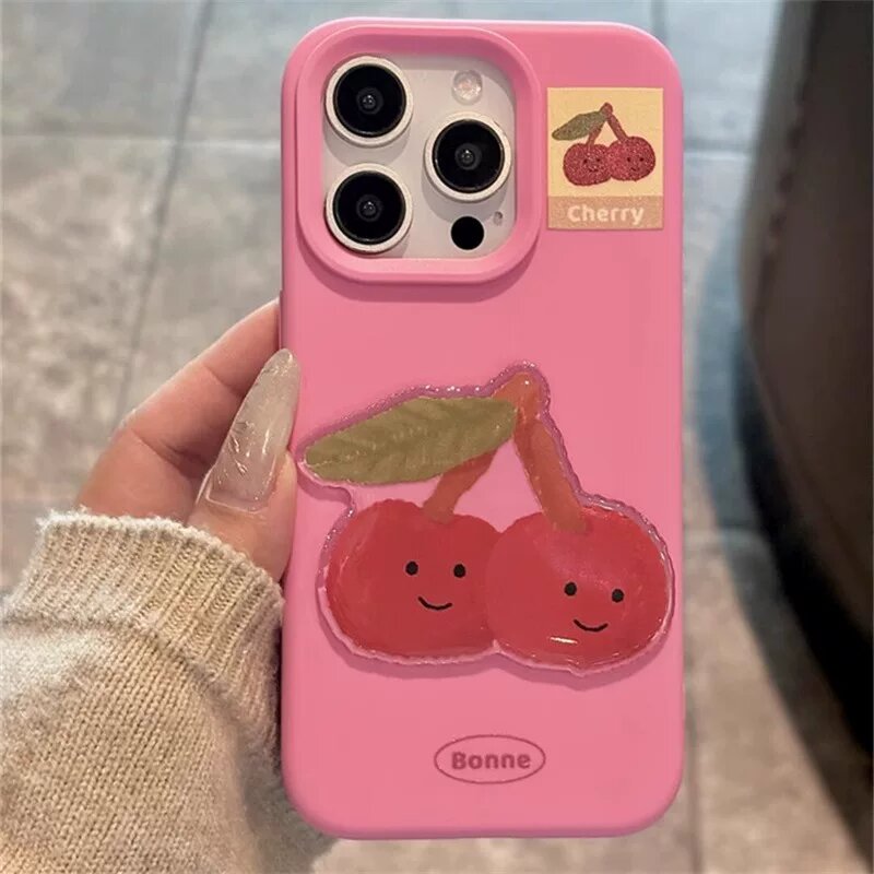 Мягкий силиконовый чехол для iPhone 15 с рисунком вишни с листьями, розово-розовый цвет